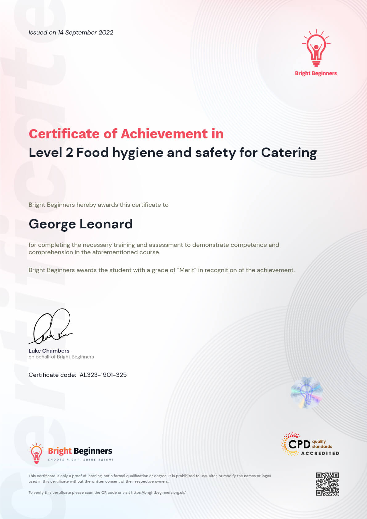 Certificate – Bright Beginners